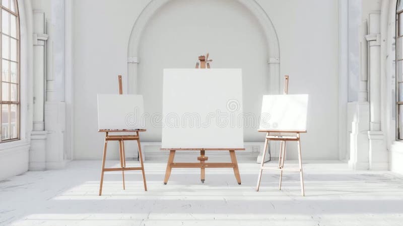 Three Easels with Blank Canvas in Bright Minimalistic Interior of the ...