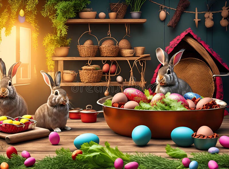 Three Easter Bunnies with Colorful Easter Eggs Sitting on the Table on ...