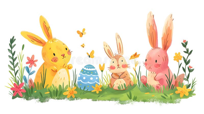 Three Easter Bunnies with Eggs and Flowers in the Grass Stock Photo ...
