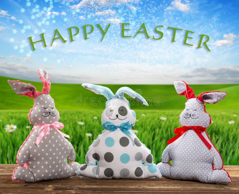 Three Easter Bunnies Happy Easter Text. Easter Holiday Concept Stock ...
