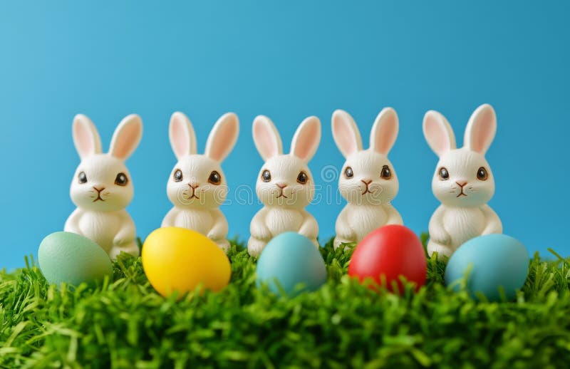 Three Easter Bunnies Sit on the Grass, Viewed from Behind, Surrounded ...
