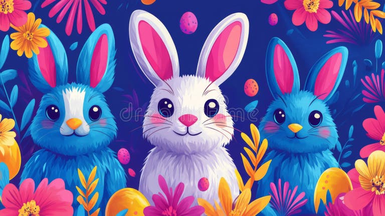 Three Easter Bunnies Surrounded by Vibrant Flowers and Eggs Stock ...