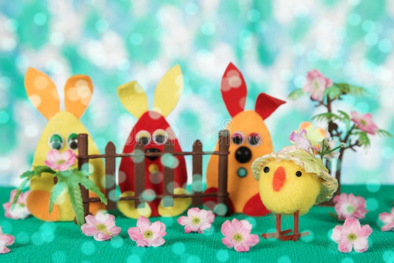 Three Easter Bunny and Chicken. Stock Image - Image of embroidered ...