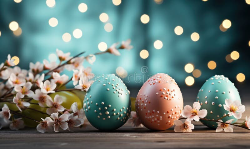 Three Easter Eggs Sit on a Wooden Table with Green and Pink Flowers ...