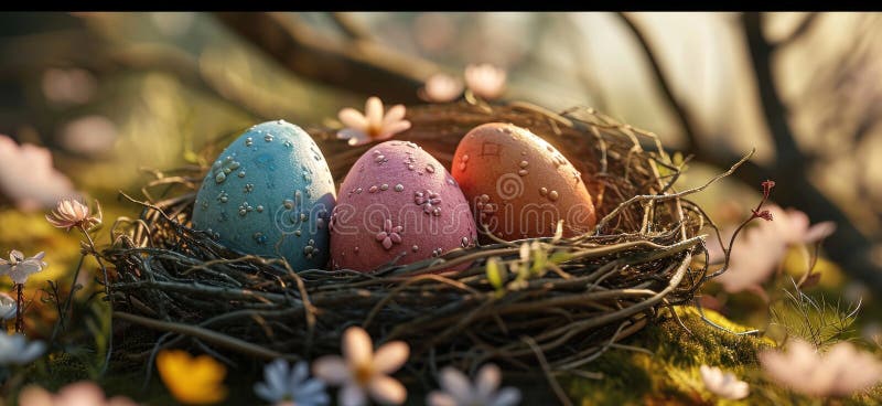 Three Easter Eggs Sitting in Nest with Flowers. Stock Image - Image of ...