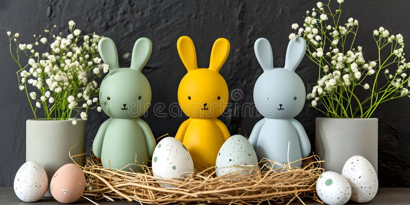 Three Easter Rabbit Figurine and Colored Eggs on Grey Background ...