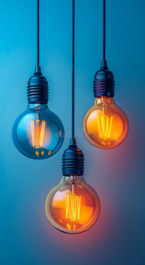 Three Edison Bulbs Hanging Against Blue Background. Three Edison Light ...