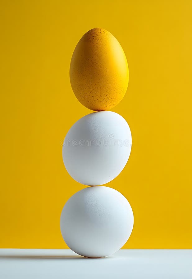 Three Eggs are Balanced in a Vertical Stack Against a Vivid Yellow ...