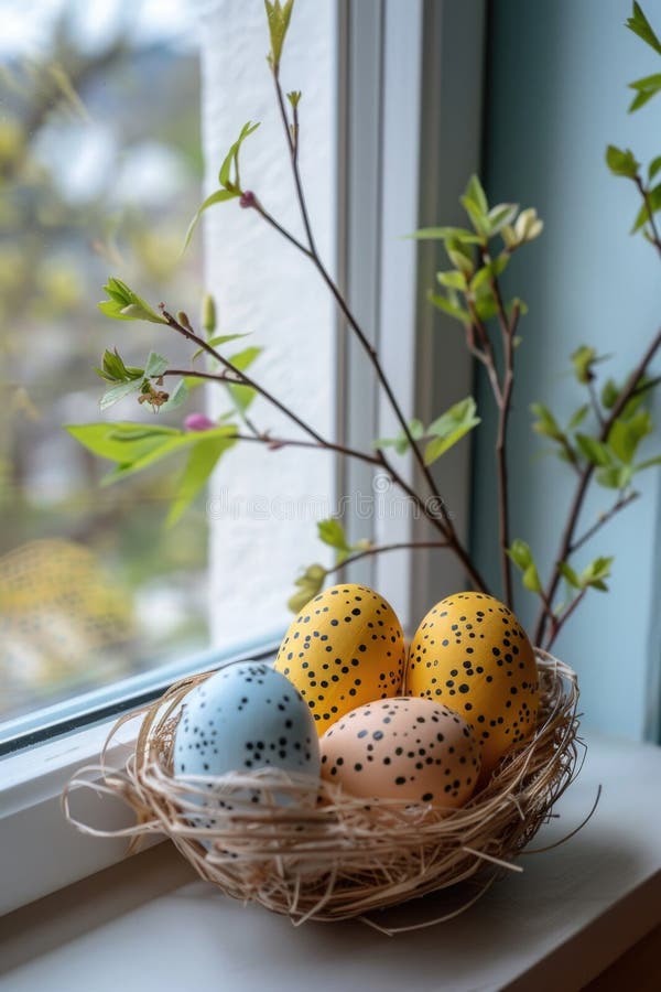Three Eggs in a Nest on a Window Sill, Suitable for Various Concepts ...