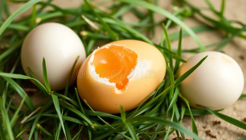 Three Eggs Rest on Green Grass. Two Eggs are Intact, with Smooth, Off ...