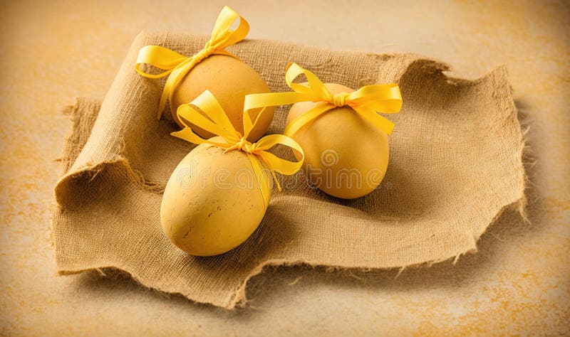 Three Eggs Wrapped in a Yellow Ribbon on a Piece of Burlock. Generative ...