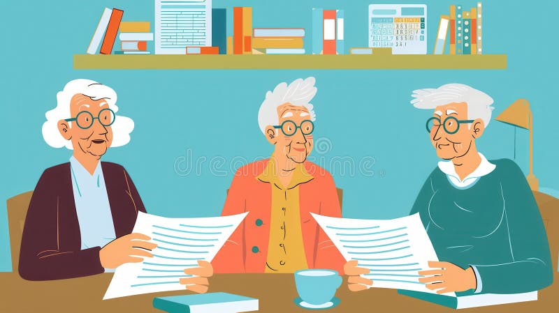Three Elderly Individuals Sit Together at a Table, Sharing Papers and ...