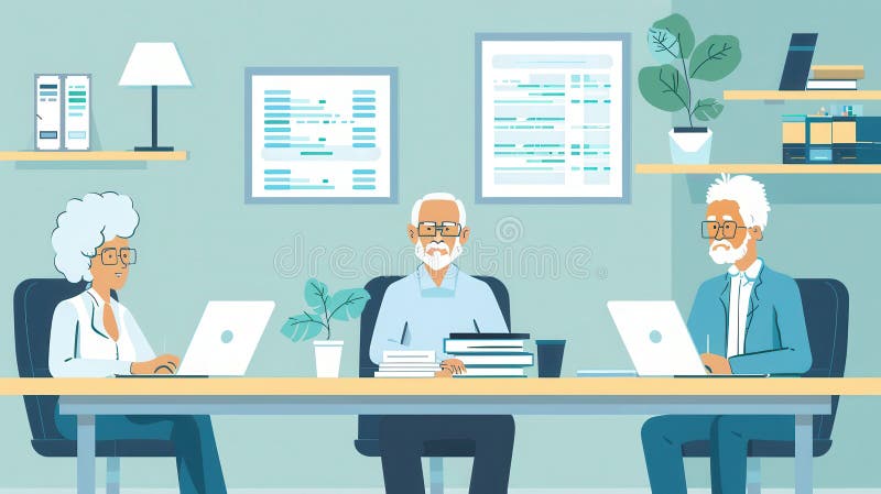 Three Elderly Individuals Work Together at a Table, Using Laptops and ...