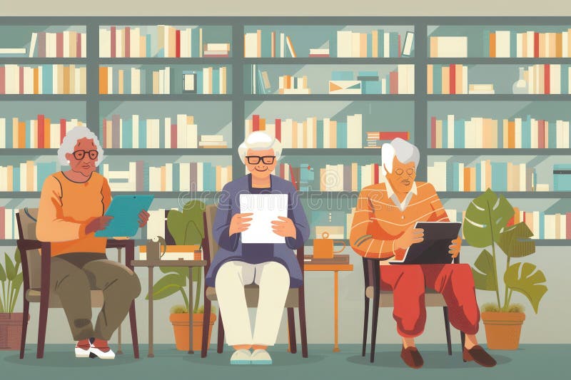 Three Elderly People are Focused on Reading Books and Using Digital ...