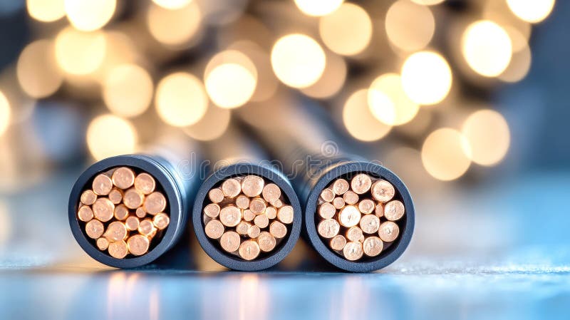 Three Electric Cables, Two Black and One Brown, Reveal Shiny Copper ...