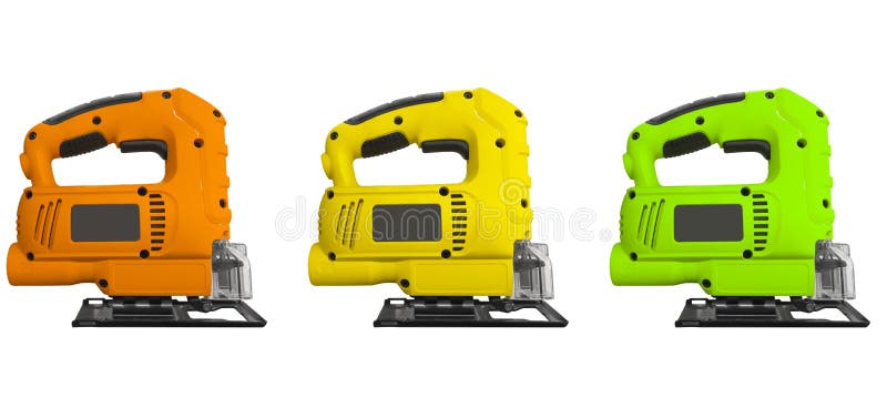 Three Electric Jigsaw Isolated on White Background. Electric Jig Saw ...