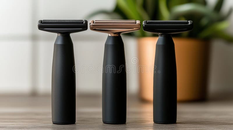 Three Electric Shavers with Different Blade Colors and Handle Styles ...
