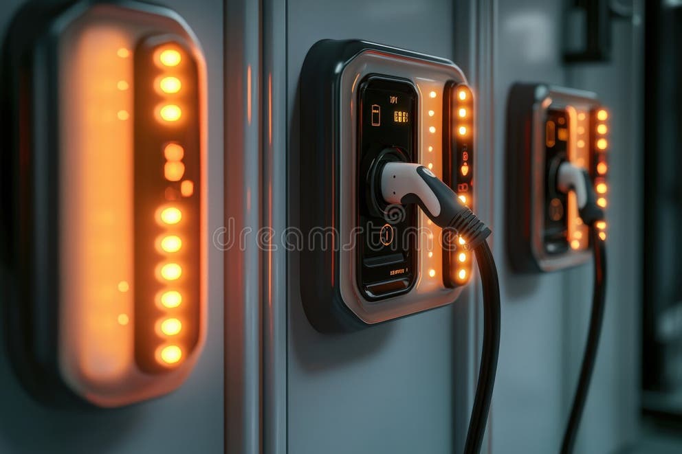 Electric Vehicle Charging Stations with Illuminated Indicators at Night ...