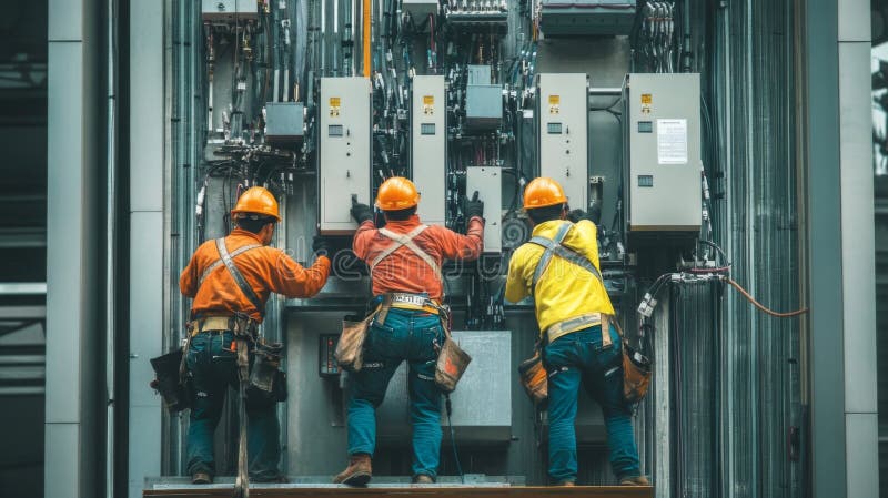 Three Electricians Working on a Building S Electrical System Stock ...