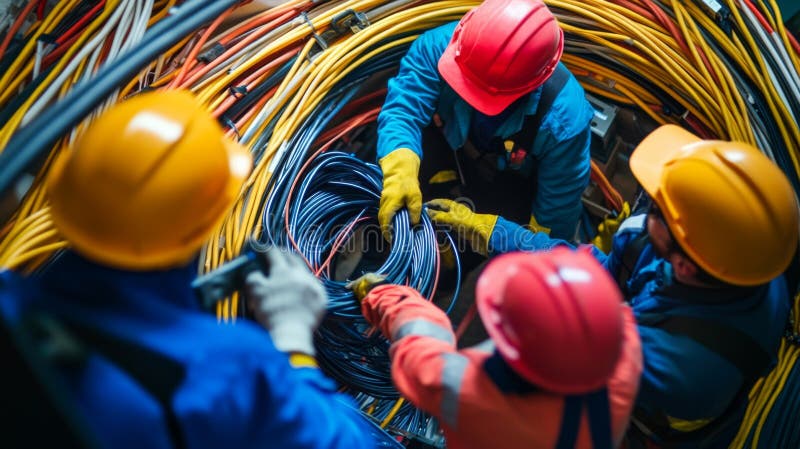 Three Electricians Working with Cables in a Tunnel Stock Illustration ...