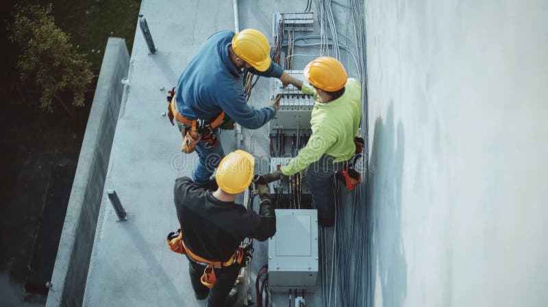 Three Electricians Working on Electrical Panel on a Roof Stock ...