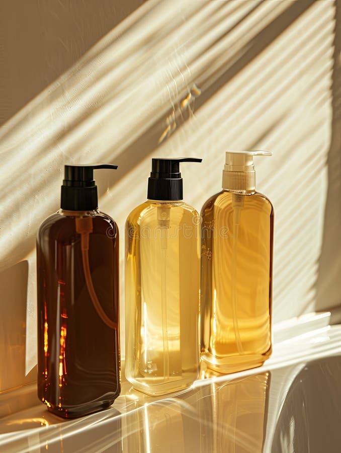 Three Elegant Shampoo and Conditioner Bottles in a Bathroom Setting ...