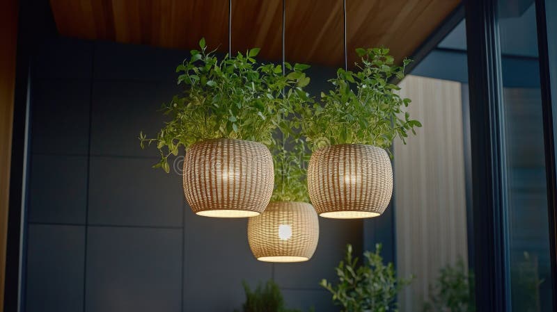 Three Elegant Pendant Lights Hang from the Ceiling, Surrounded by Lush ...
