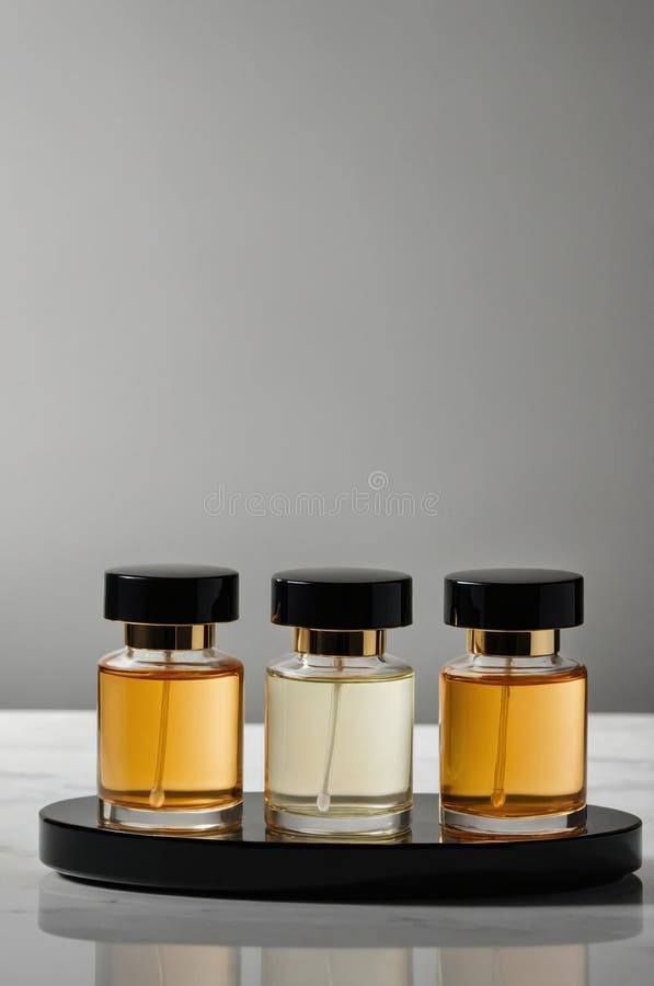 Three Elegant Perfume Bottles with Black Caps on a Black Round Platform ...