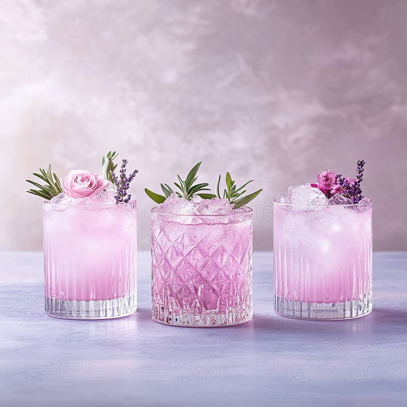 Three Elegant Pink Cocktails with Lavender and Rosemary Garnish Stock ...