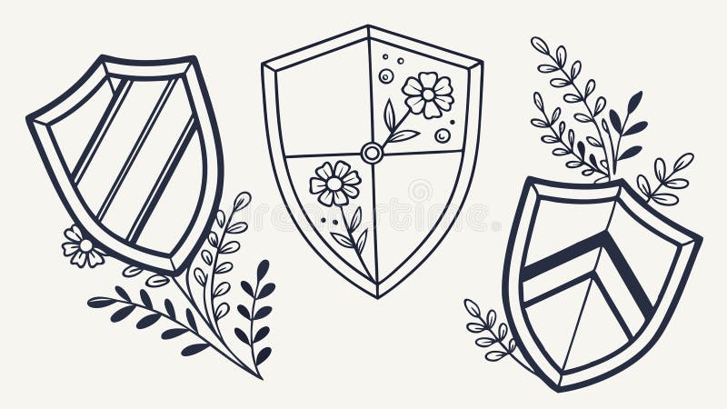 Three Elegant Shields with Foliage, Protection Nature, Vector Design ...