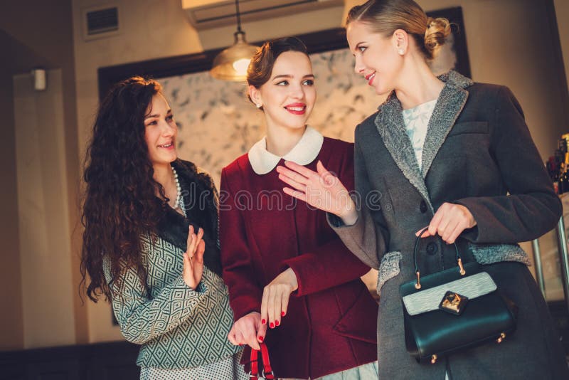 Three Elegant Young Ladies Ready for a Party Stock Photo - Image of ...