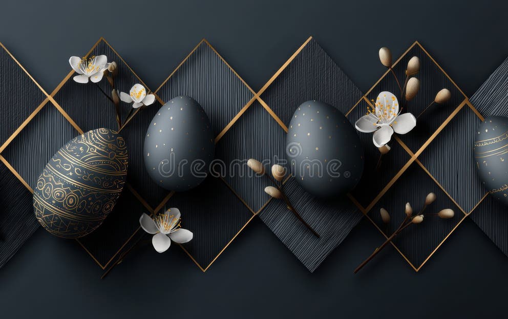 Three Elegantly Designed Gold Eggs Rest on a Striking Black Background ...