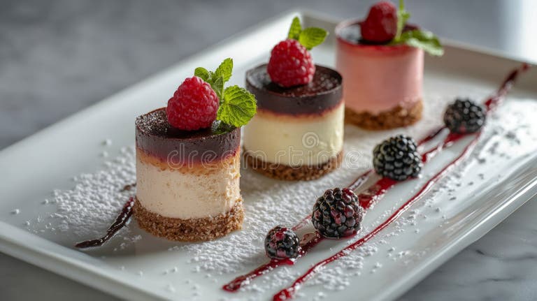Gourmet Dessert Trio Featuring Raspberry and Blackberry on a White ...