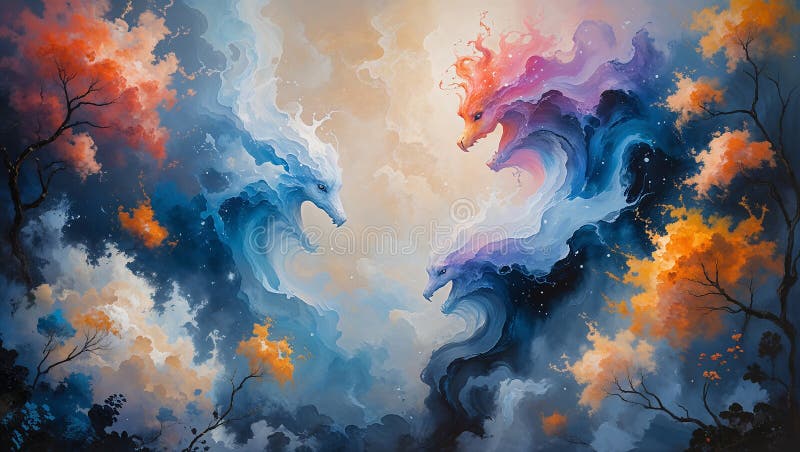 Three Elemental Dragons Emerging from Colorful Nebula Clouds Stock ...