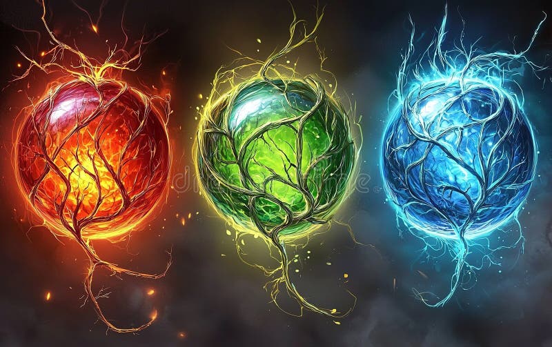 Three Elemental Orbs Representing Fire, Earth, and Water Surrounded by ...