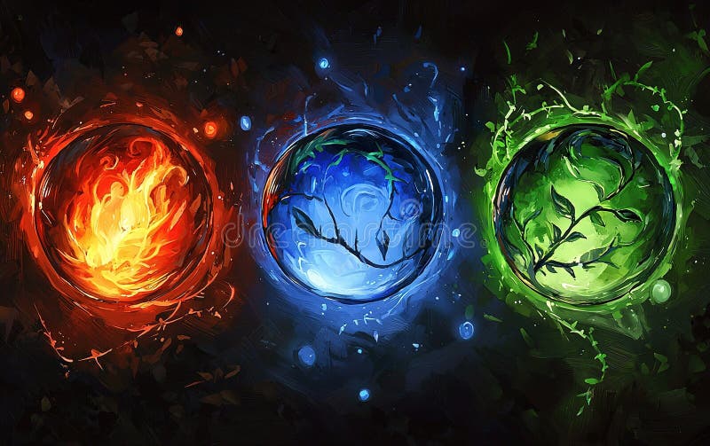 Three Elemental Orbs Representing Fire, Water, and Earth in a Mystical ...