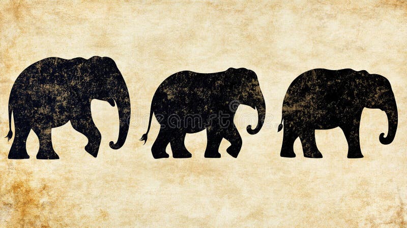 Three Elephant Silhouettes on Parchment; Wildlife, Vintage Design Stock ...