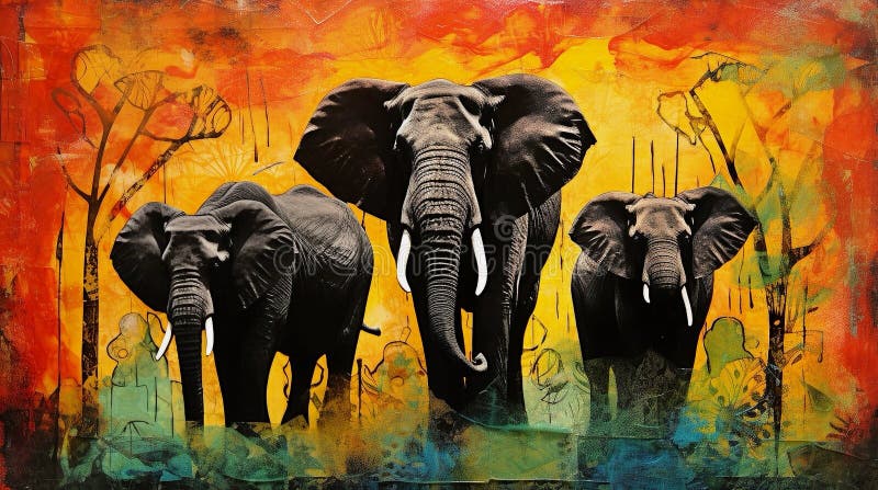 Three Elephants on a Colorful Background Stock Illustration ...
