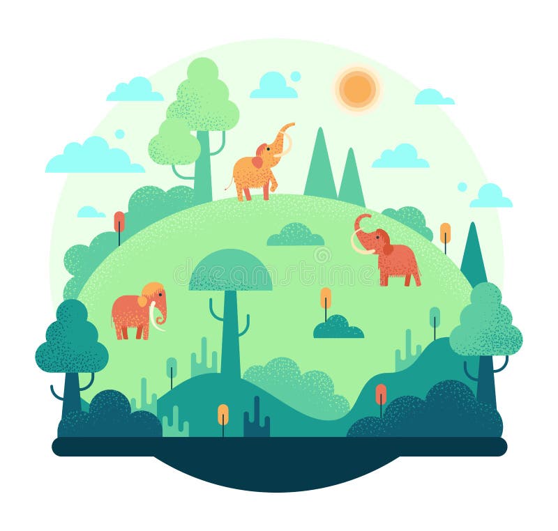 Three Elephants on a Green Meadow - Flat Cartoon Vector Illustration ...