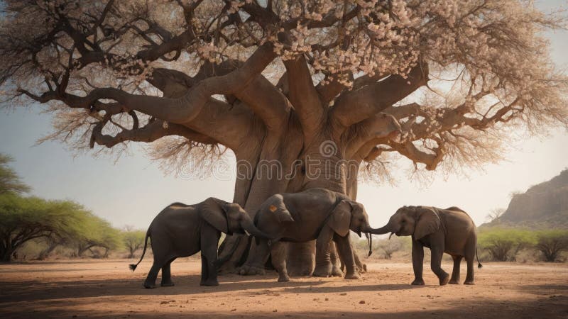 Three Young Elephants Playing Under a Blooming Baobab Tree in the ...