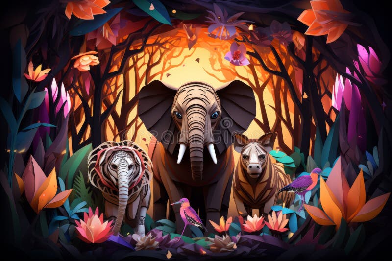 Three Elephants - Flat Cartoon Vector Illustration in Orange Color ...