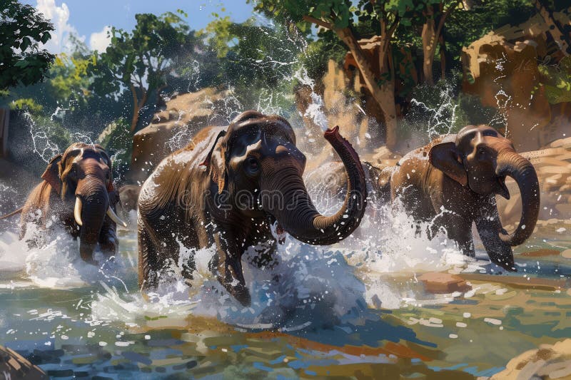 Three Elephants Play in the River, Creating Splashes As they Enjoy the ...