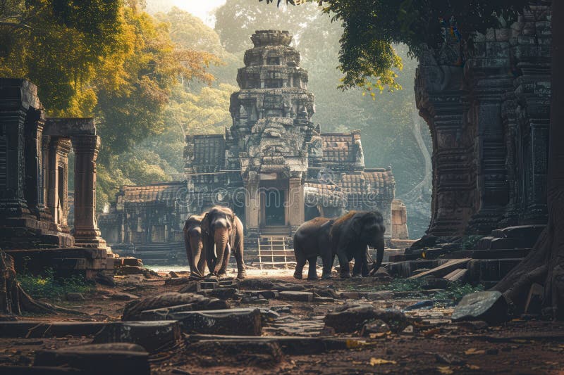 Three Elephants Roam among the Ruins of an Ancient Temple, Surrounded ...
