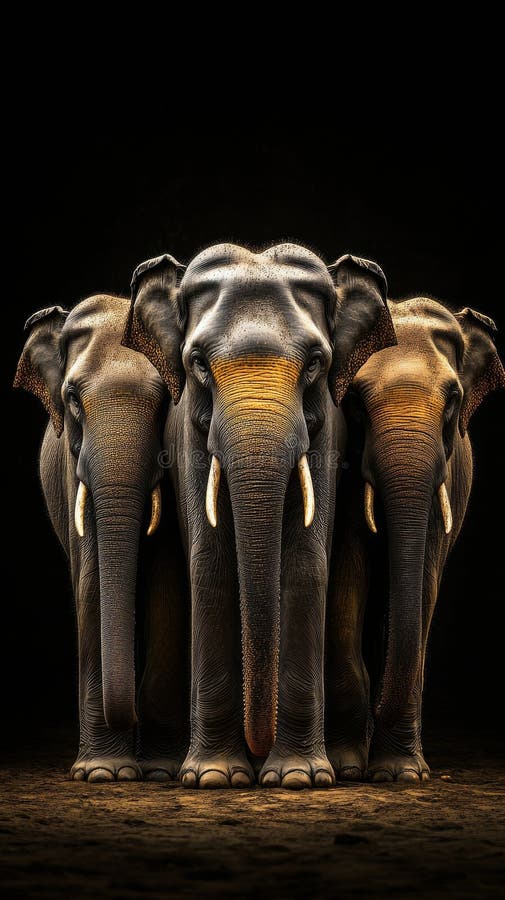 Three Elephants Standing Together in a Dramatic Lighting Setting ...