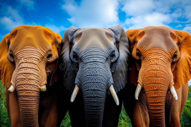 Three Elephants Standing Next To Each Other in a Field Stock Image ...