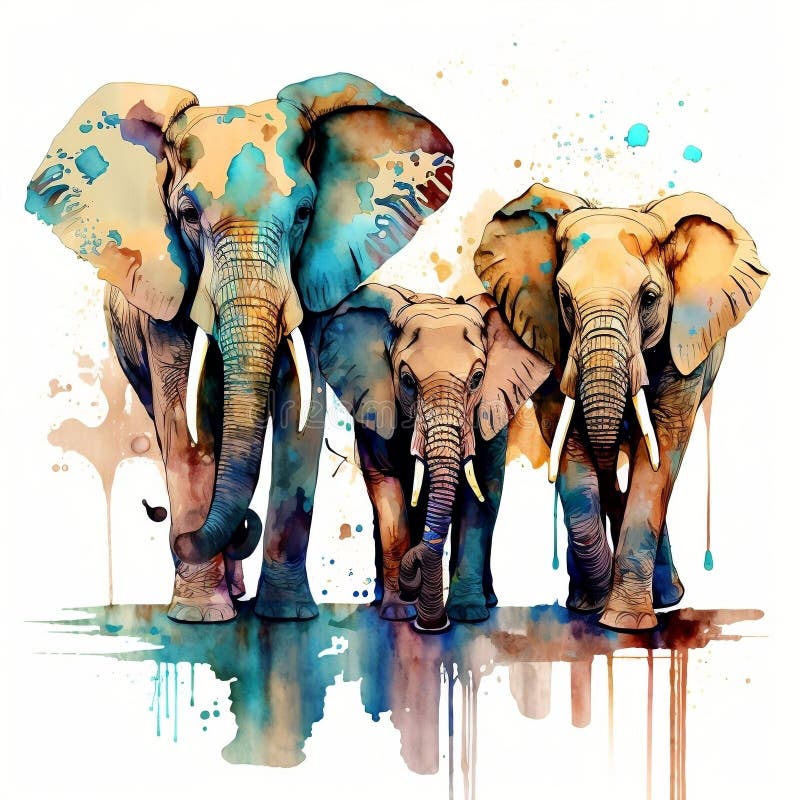 Three Elephants are Standing beside One Another Near Water and Paint ...