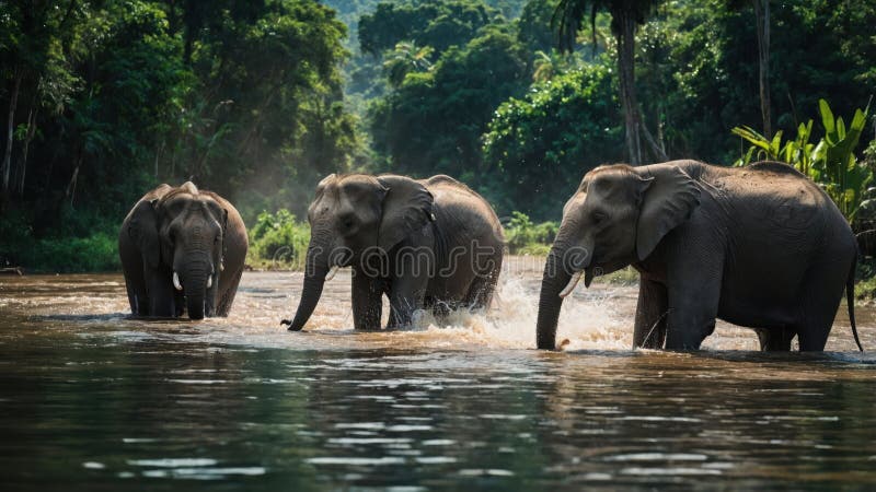 Three Elephants Wade through a River Surrounded by Lush Greenery Stock ...