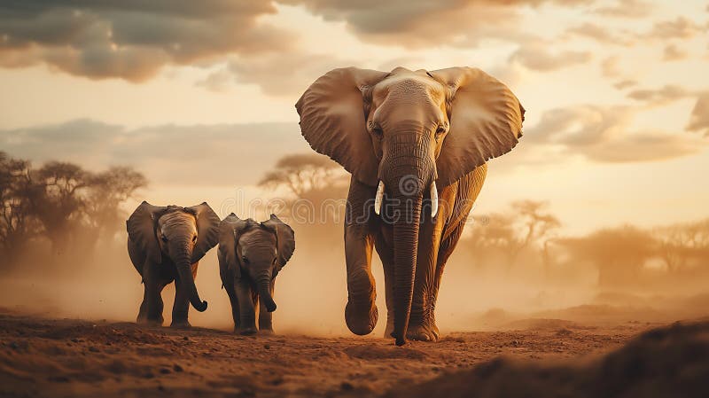 Three Elephants Walking Across a Dusty Landscape at Sunset Stock ...