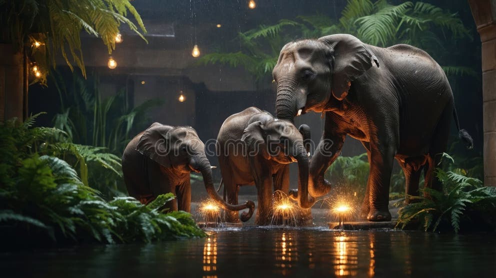 Magical Nighttime Elephants Playing with Sparklers in Lush Jungle Stock ...