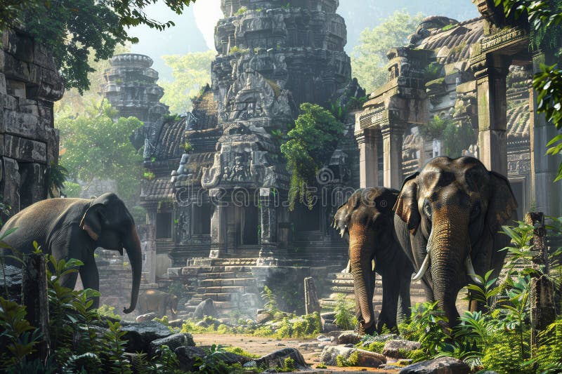 Three Elephants Wander through a Vibrant Jungle, Past Ancient Temple ...